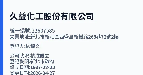 久益化工股份有限公司的照片-統編 22607585(新北市) 公司登記資料與營業項目詳細圖表