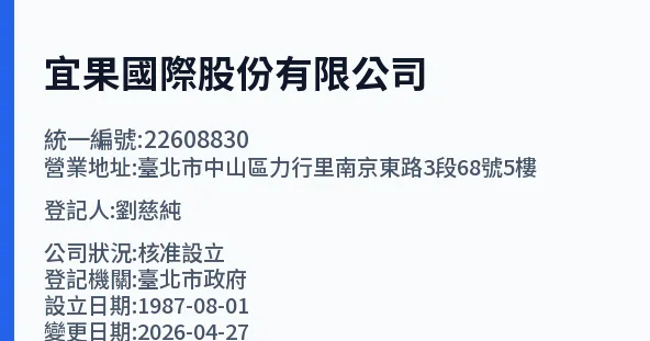 宜果國際股份有限公司的照片-統編 22608830(臺北市) 公司登記資料與營業項目詳細圖表