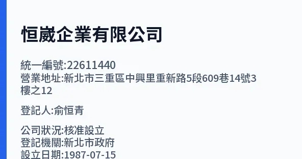恒崴企業有限公司的照片-統編 22611440(新北市) 公司登記資料與營業項目詳細圖表