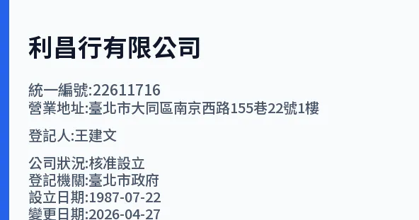 利昌行有限公司的照片-統編 22611716(臺北市) 公司登記資料與營業項目詳細圖表