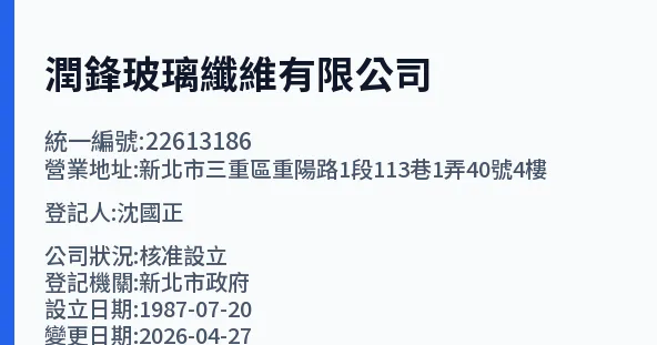 潤鋒玻璃纖維有限公司的照片-統編 22613186(新北市) 公司登記資料與營業項目詳細圖表