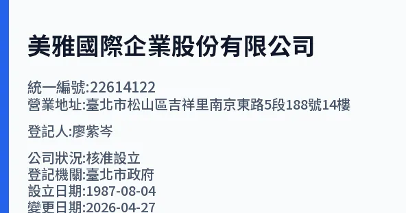 美雅國際企業股份有限公司的照片-統編 22614122(臺北市) 公司登記資料與營業項目詳細圖表