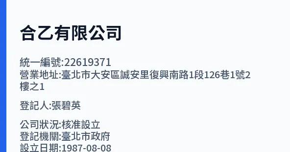 合乙有限公司的照片-統編 22619371(臺北市) 公司登記資料與營業項目詳細圖表