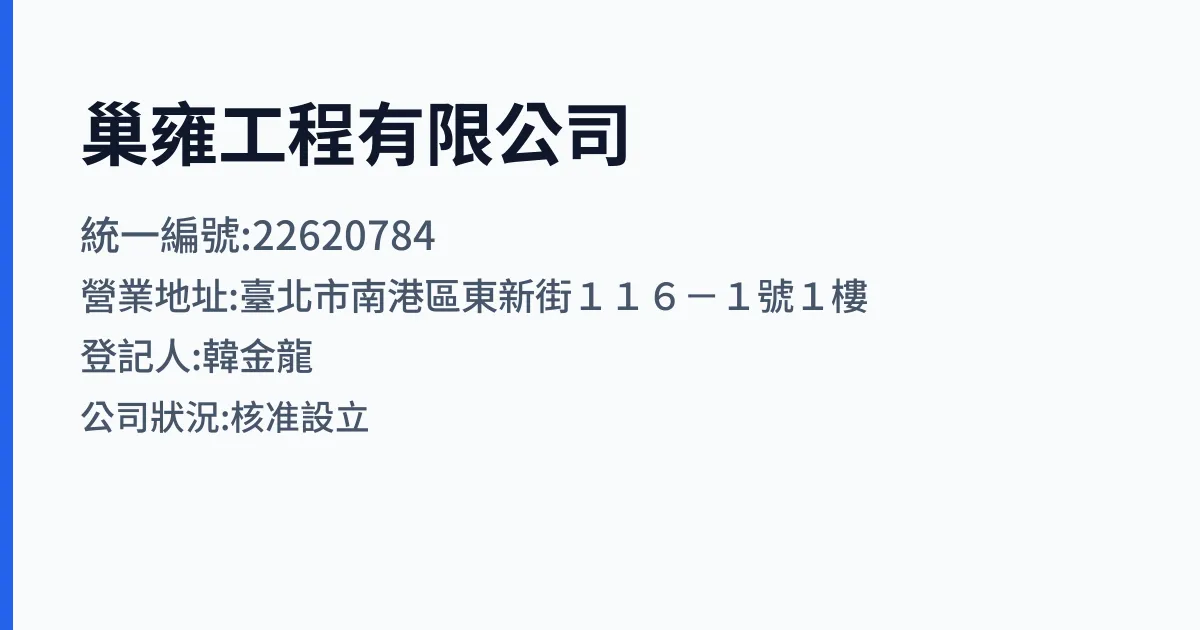 巢雍工程有限公司 - 統編 22620784(臺北市) 公司登記資料與營業項目詳細圖表