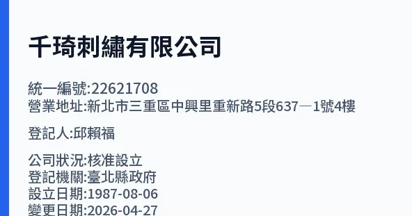 千琦刺繡有限公司的照片-統編 22621708(新北市) 公司登記資料與營業項目詳細圖表