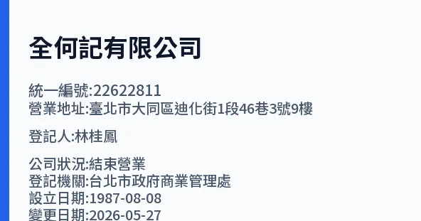 全何記有限公司的照片-統編 22622811(臺北市) 公司登記資料與營業項目詳細圖表