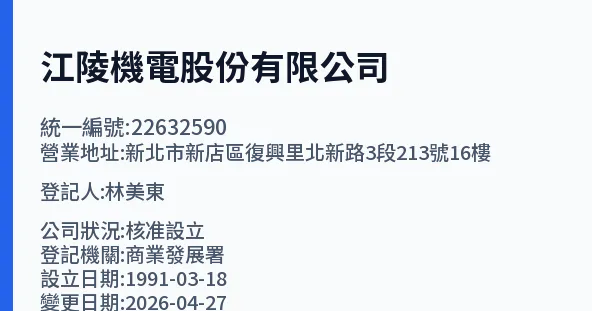 江陵機電股份有限公司的照片-統編 22632590(新北市) 公司登記資料與營業項目詳細圖表
