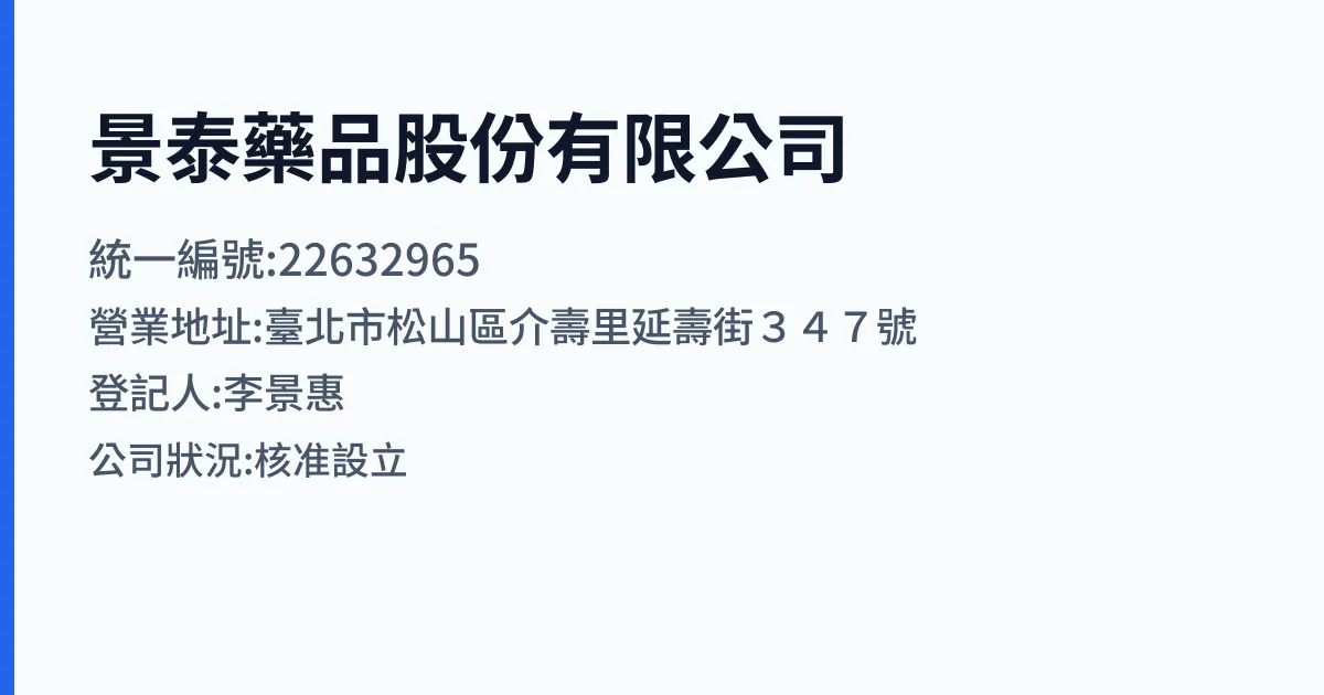 景泰藥品股份有限公司 - 統編 22632965(臺北市) 公司登記資料與營業項目詳細圖表
