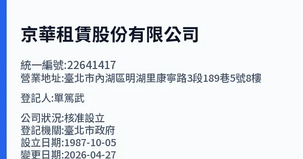 京華租賃股份有限公司的照片-統編 22641417(臺北市) 公司登記資料與營業項目詳細圖表