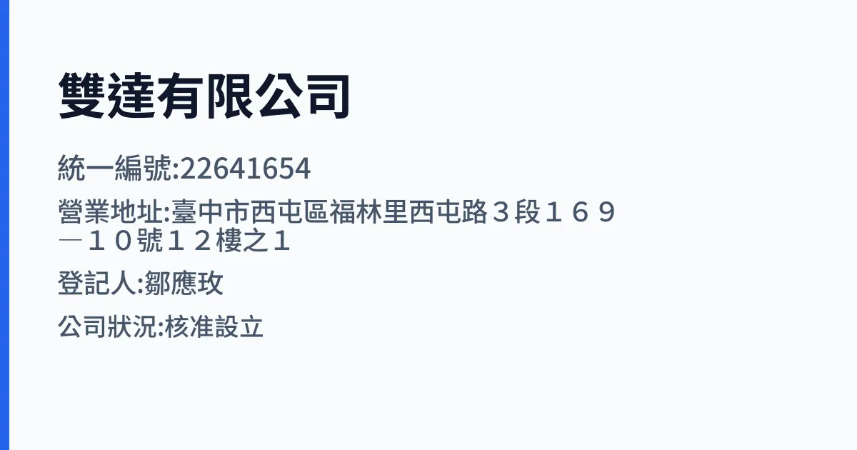 雙達有限公司 - 統編 22641654(臺中市) 公司登記資料與營業項目詳細圖表