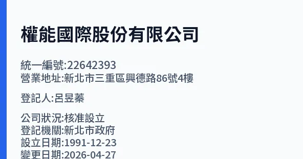 權能國際股份有限公司的照片-統編 22642393(新北市) 公司登記資料與營業項目詳細圖表