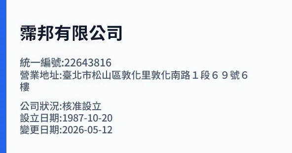 霈邦有限公司的照片-統編 22643816(臺北市) 公司登記資料與營業項目詳細圖表