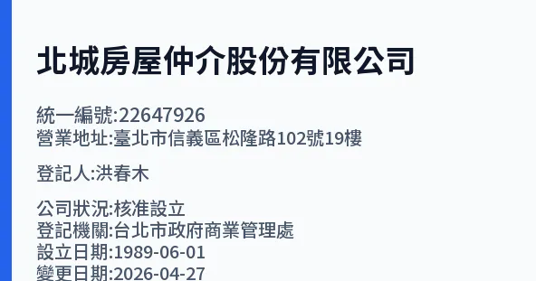 北城房屋仲介股份有限公司的照片-統編 22647926(臺北市) 公司登記資料與營業項目詳細圖表