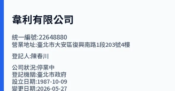 韋利有限公司的照片-統編 22648880(臺北市) 公司登記資料與營業項目詳細圖表