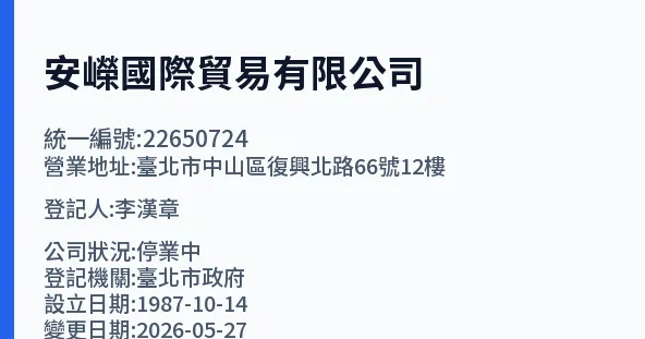 安嶸國際貿易有限公司的照片-統編 22650724(臺北市) 公司登記資料與營業項目詳細圖表
