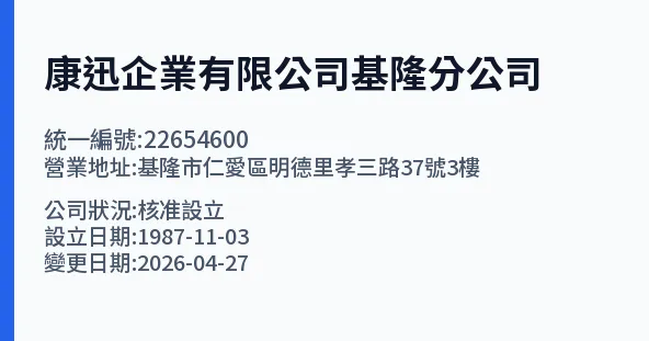康迅企業有限公司基隆分公司的照片-統編 22654600(基隆市) 公司登記資料與營業項目詳細圖表