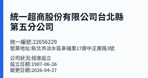 統一超商股份有限公司台北縣第五分公司的照片-統編 22656229(新北市) 公司登記資料與營業項目詳細圖表