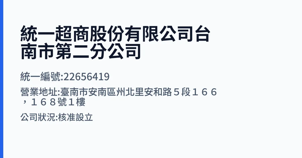 統一超商股份有限公司台南市第二分公司 - 統編 22656419(臺南市) 公司登記資料與營業項目詳細圖表