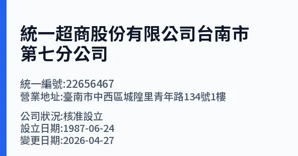 統一超商股份有限公司台南市第七分公司的照片-統編 22656467(臺南市) 公司登記資料與營業項目詳細圖表
