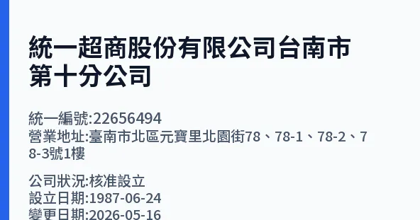 統一超商股份有限公司台南市第十分公司的照片-統編 22656494(臺南市) 公司登記資料與營業項目詳細圖表