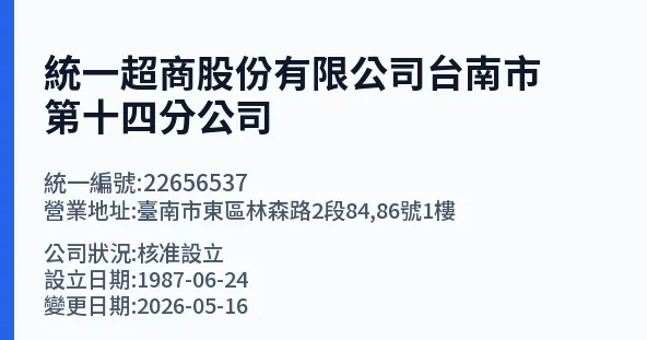 統一超商股份有限公司台南市第十四分公司的照片-統編 22656537(臺南市) 公司登記資料與營業項目詳細圖表