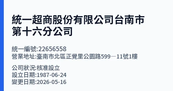 統一超商股份有限公司台南市第十六分公司的照片-統編 22656558(臺南市) 公司登記資料與營業項目詳細圖表
