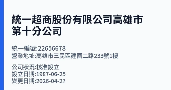 統一超商股份有限公司高雄市第十分公司的照片-統編 22656678(高雄市) 公司登記資料與營業項目詳細圖表