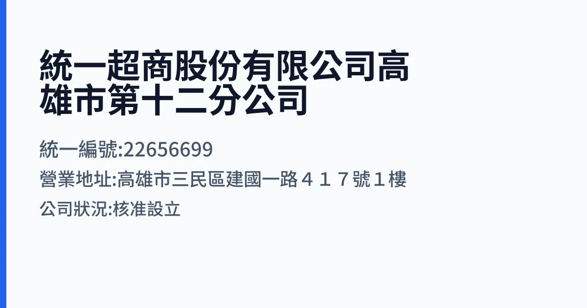 統一超商股份有限公司高雄市第十二分公司 - 統編 22656699(高雄市) 公司登記資料與營業項目詳細圖表