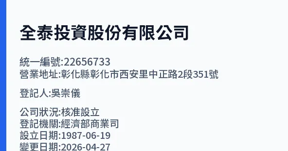 全泰投資股份有限公司的照片-統編 22656733(彰化縣) 公司登記資料與營業項目詳細圖表