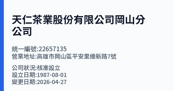 天仁茶業股份有限公司岡山分公司的照片-統編 22657135(高雄市) 公司登記資料與營業項目詳細圖表