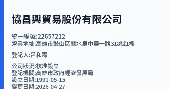 協昌興貿易股份有限公司的照片-統編 22657212(高雄市) 公司登記資料與營業項目詳細圖表