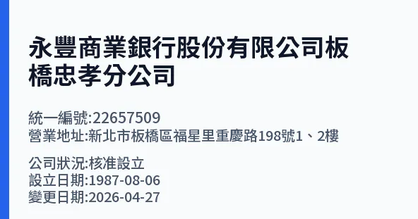 永豐商業銀行股份有限公司板橋忠孝分公司的照片-統編 22657509(新北市) 公司登記資料與營業項目詳細圖表