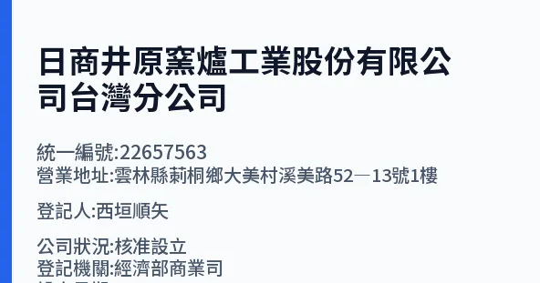日商井原窯爐工業股份有限公司台灣分公司的照片-統編 22657563(雲林縣) 公司登記資料與營業項目詳細圖表