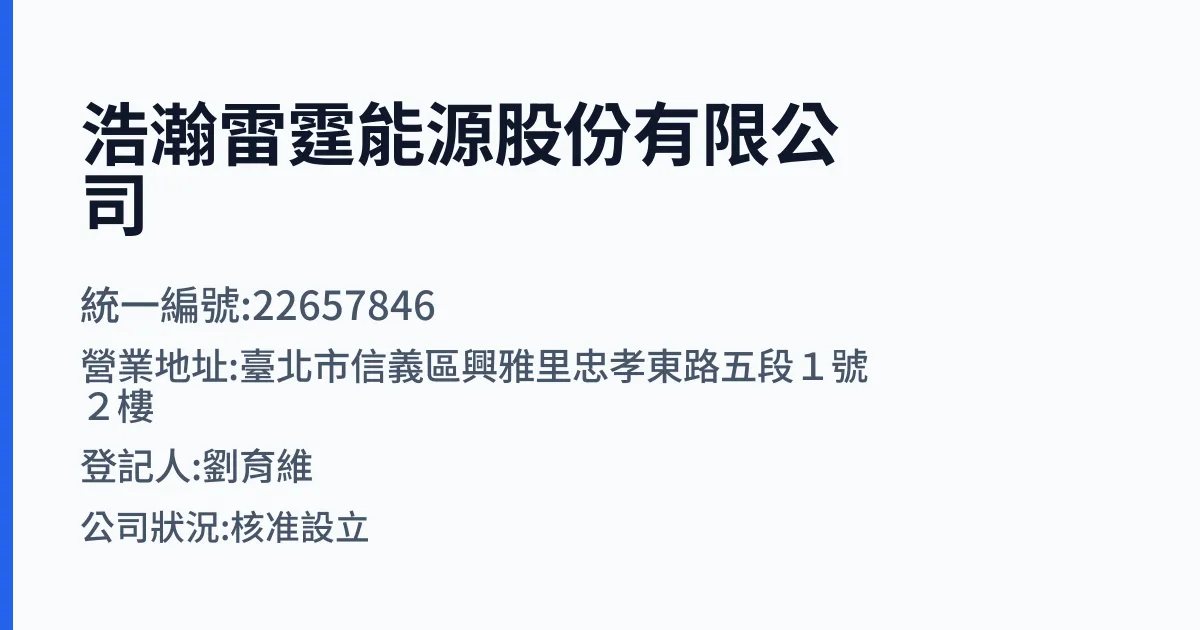 浩瀚雷霆能源股份有限公司 - 統編 22657846(臺北市) 公司登記資料與營業項目詳細圖表