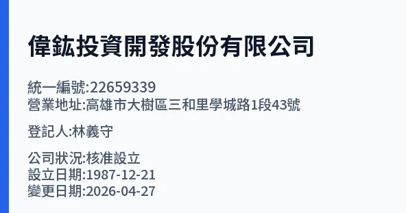 偉鈜投資開發股份有限公司的照片-統編 22659339(高雄市) 公司登記資料與營業項目詳細圖表