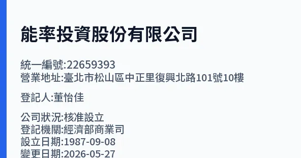 能率投資股份有限公司的照片-統編 22659393(臺北市) 公司登記資料與營業項目詳細圖表