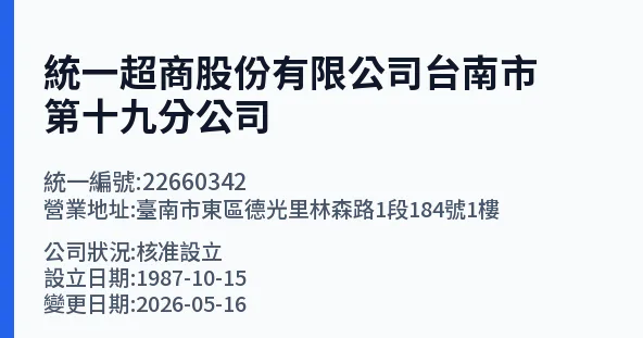 統一超商股份有限公司台南市第十九分公司的照片-統編 22660342(臺南市) 公司登記資料與營業項目詳細圖表
