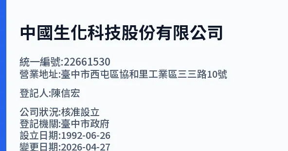 中國生化科技股份有限公司的照片-統編 22661530(臺中市) 公司登記資料與營業項目詳細圖表