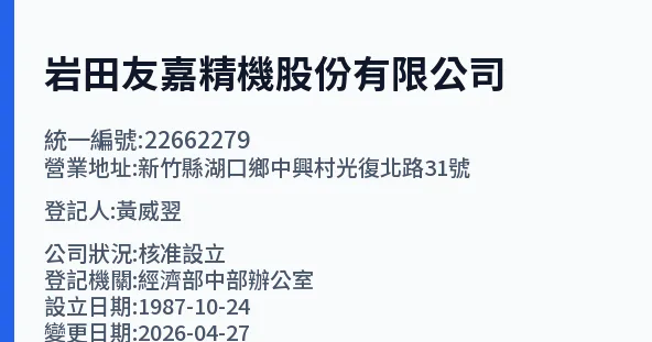 岩田友嘉精機股份有限公司的照片-統編 22662279(新竹縣) 公司登記資料與營業項目詳細圖表