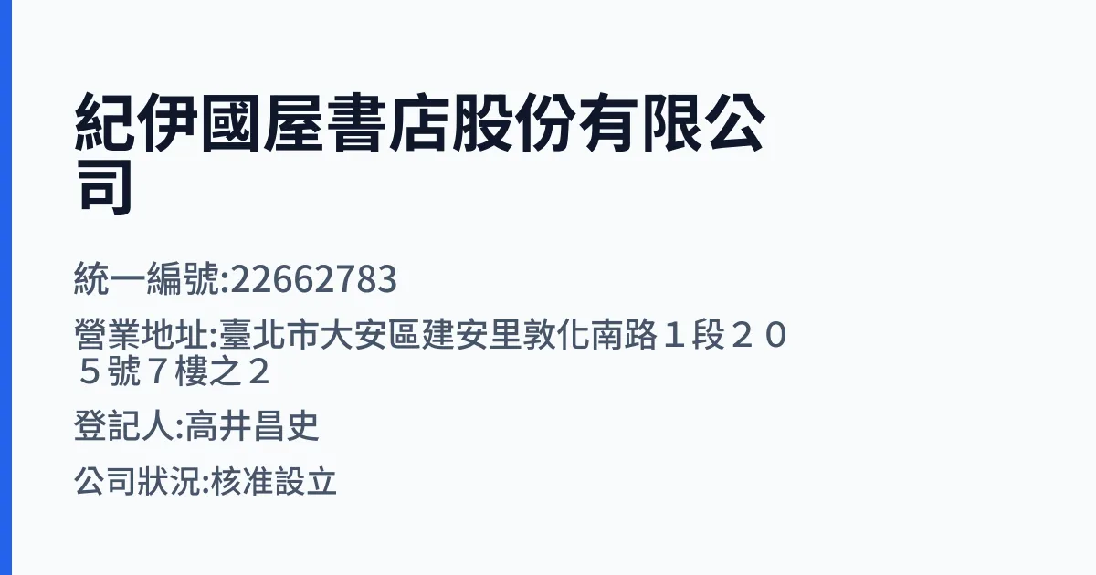 紀伊國屋書店股份有限公司 - 統編 22662783(臺北市) 公司登記資料與營業項目詳細圖表