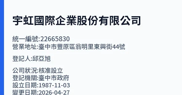 宇虹國際企業股份有限公司的照片-統編 22665830(臺中市) 公司登記資料與營業項目詳細圖表