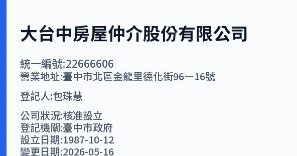 大台中房屋仲介股份有限公司的照片-統編 22666606(臺中市) 公司登記資料與營業項目詳細圖表
