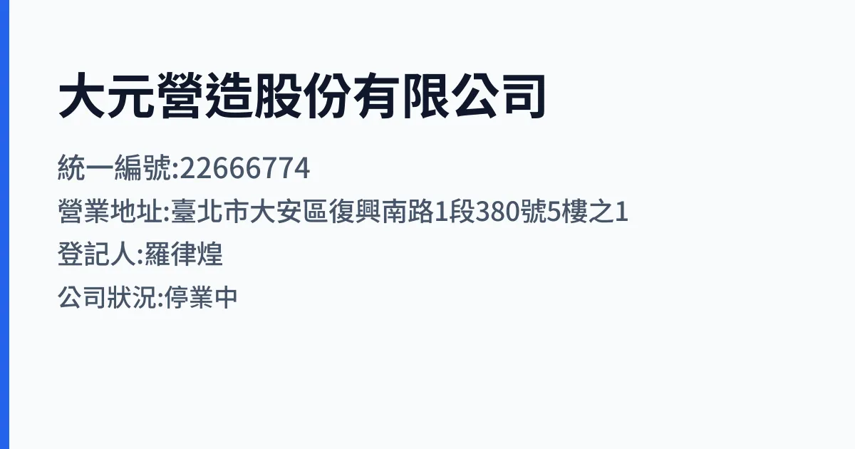大元營造股份有限公司 - 統編 22666774(臺北市) 公司登記資料與營業項目詳細圖表