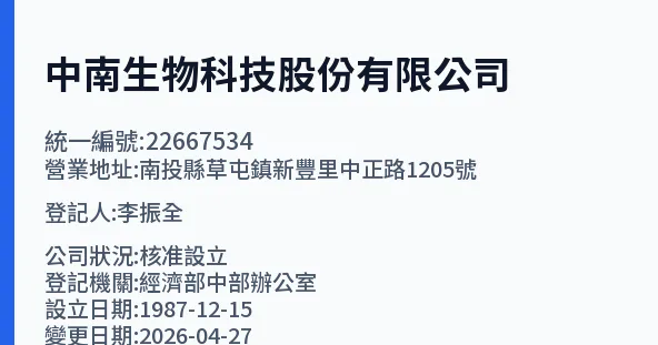 中南生物科技股份有限公司的照片-統編 22667534(南投縣) 公司登記資料與營業項目詳細圖表
