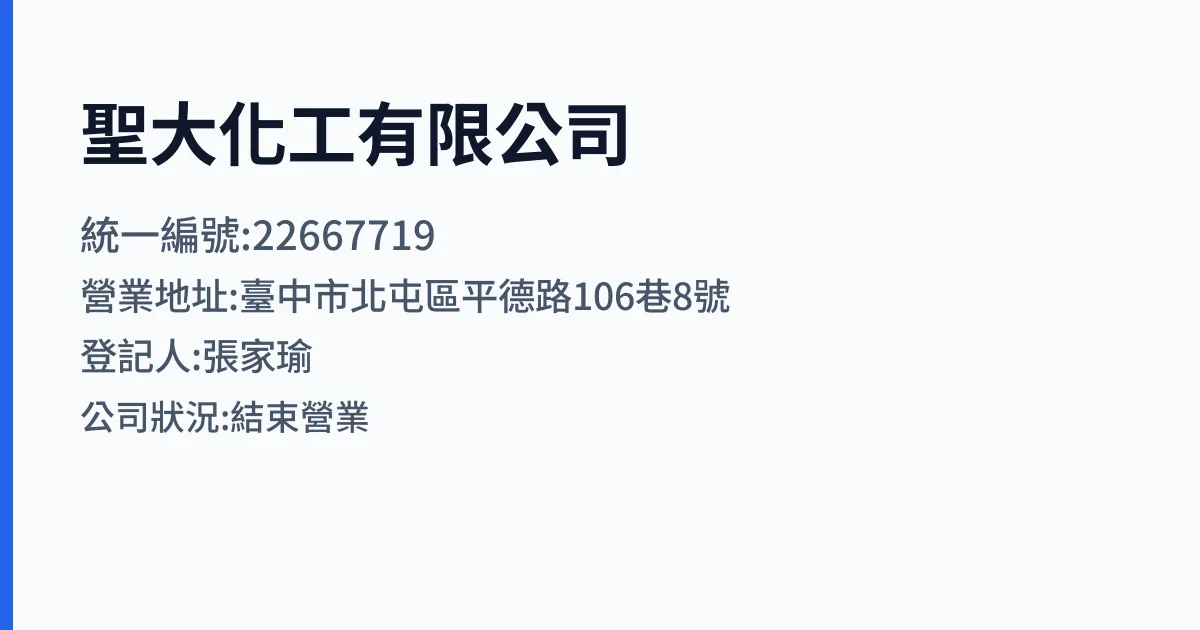 聖大化工有限公司 - 統編 22667719(臺中市) 公司登記資料與營業項目詳細圖表