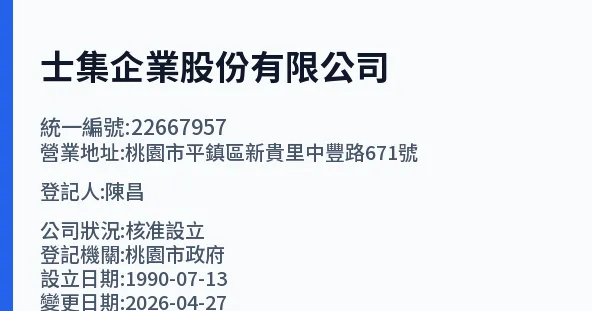 士集企業股份有限公司的照片-統編 22667957(桃園市) 公司登記資料與營業項目詳細圖表