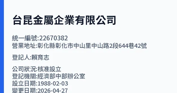 台昆金屬企業有限公司的照片-統編 22670382(彰化縣) 公司登記資料與營業項目詳細圖表