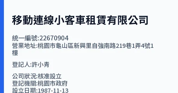 移動連線小客車租賃有限公司的照片-統編 22670904(桃園市) 公司登記資料與營業項目詳細圖表