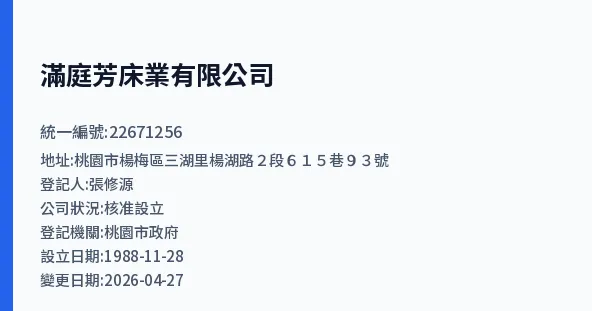 滿庭芳床業有限公司的照片-統編 22671256(桃園市) 公司登記資料與營業項目詳細圖表