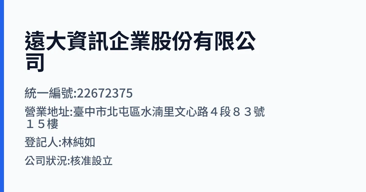 遠大資訊企業股份有限公司 - 統編 22672375(臺中市) 公司登記資料與營業項目詳細圖表